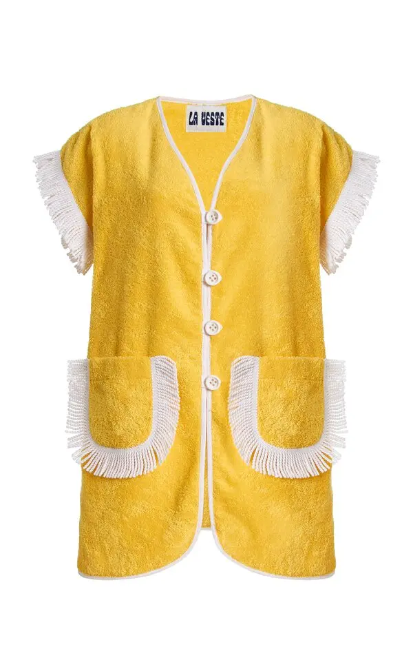 La Veste Textured Cotton Mini Dress With Fringe Trim - Yellow
