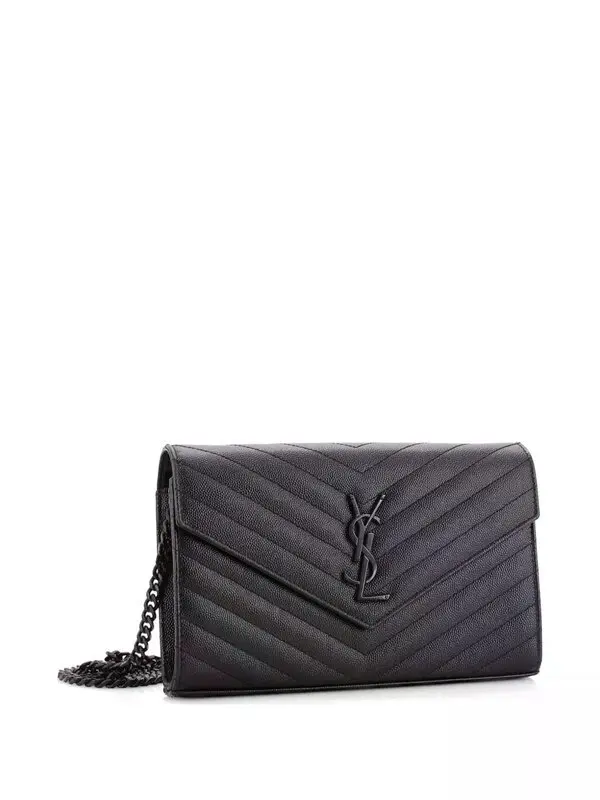 Saint Laurent Classic Monogram Wallet On Chain Matelasse Chevron Leather Medium Crossbody Bag - Black