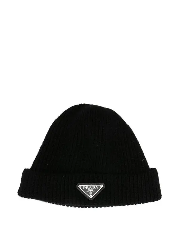 Prada Ribbed Logo Plaque Beanie - Black
