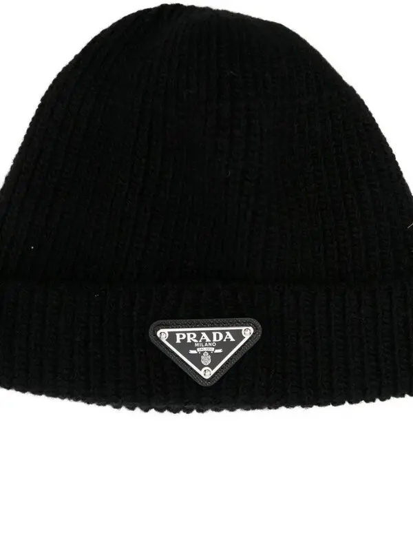 Prada Ribbed Beanie With Logo Plate