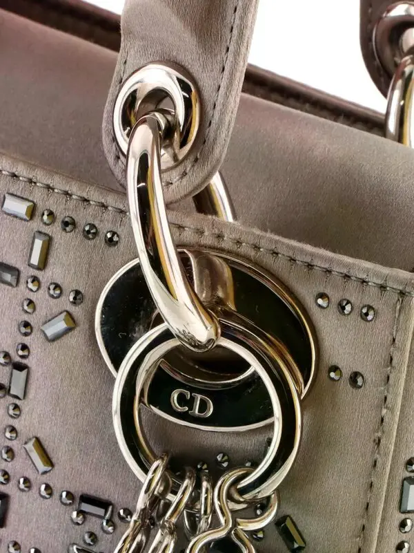 Dior Lady Bag Crystal Embellished Cannage Quilt Satin Mini Satchel - Grey