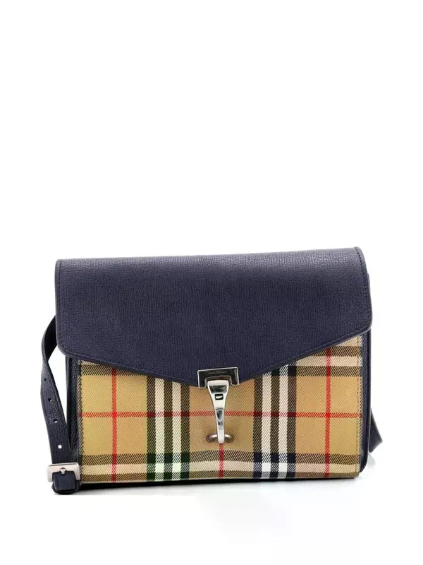 Burberry Macken Small Crossbody Bag In Leather And Vintage Check Canvas - Blue