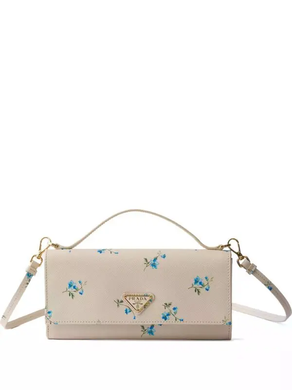 Prada Printed Saffiano-leather Wallet With Shoulder Strap - Neutrals