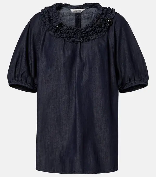 Max Mara Embellished Ruffled Denim Blouse