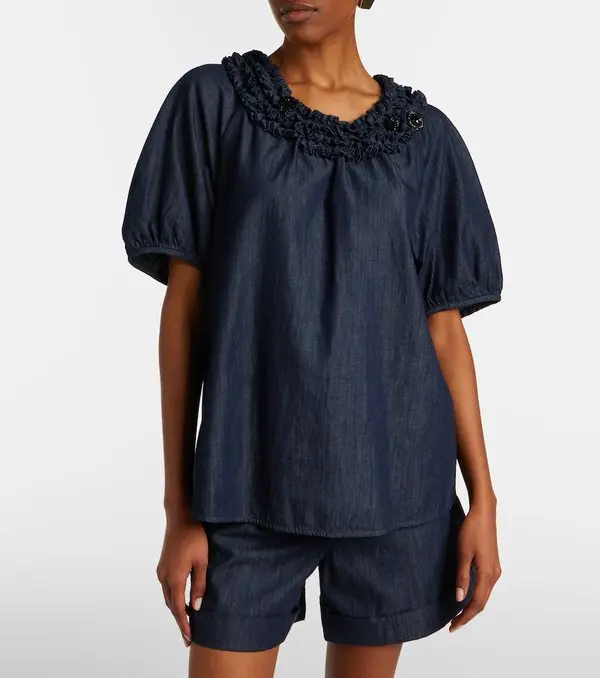 Max Mara Embellished Ruffled Denim Blouse