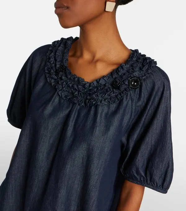 Max Mara Embellished Ruffled Denim Blouse