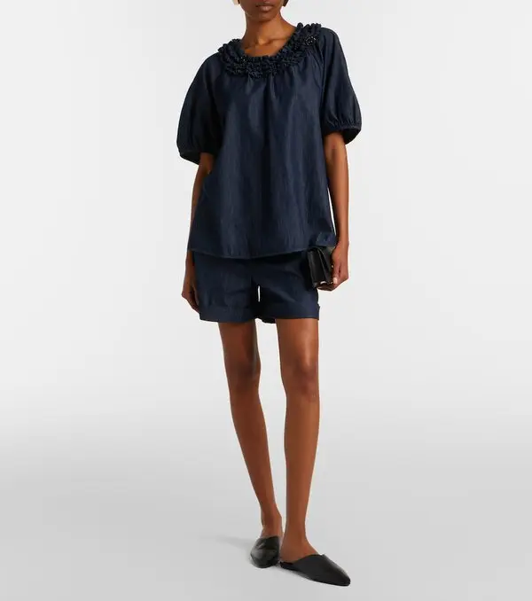 Max Mara Embellished Ruffled Denim Blouse