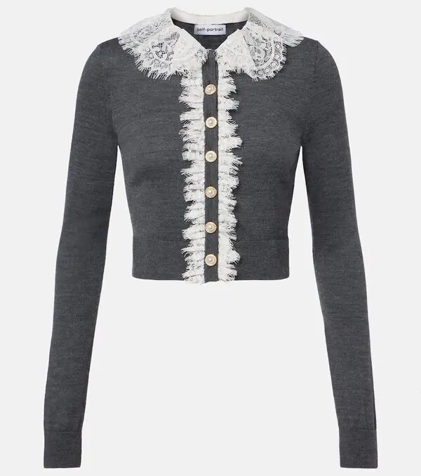 SELF-PORTRAIT Lace-trimmed Wool Cardigan