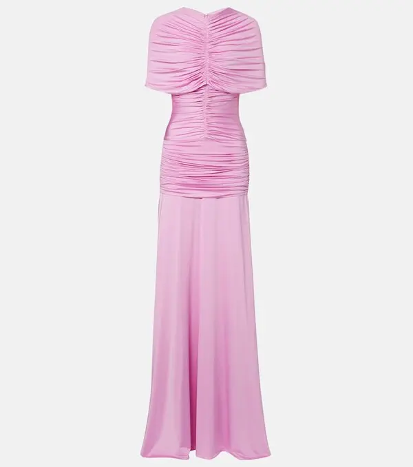 SELF-PORTRAIT Caped Ruched Jersey Maxi Dress - Pink