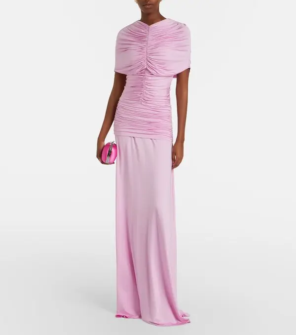 SELF-PORTRAIT Caped Ruched Jersey Maxi Dress - Pink