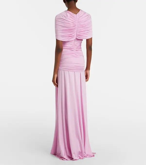 SELF-PORTRAIT Caped Ruched Jersey Maxi Dress - Pink