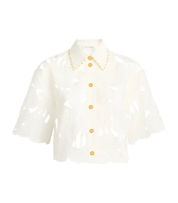 Zimmermann Mahon Cropped Cotton Shirt With Botanical Cut-outs And Floral Buttons - Ivory