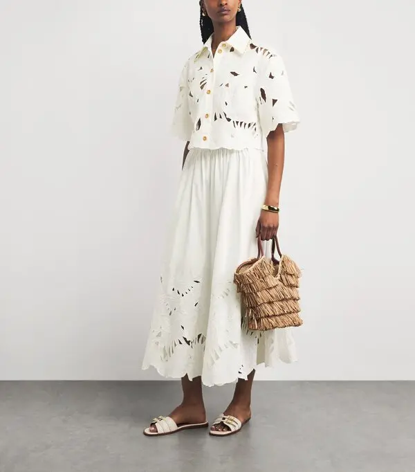 Zimmermann Mahon Cropped Cotton Shirt With Botanical Cut-outs And Floral Buttons - Ivory