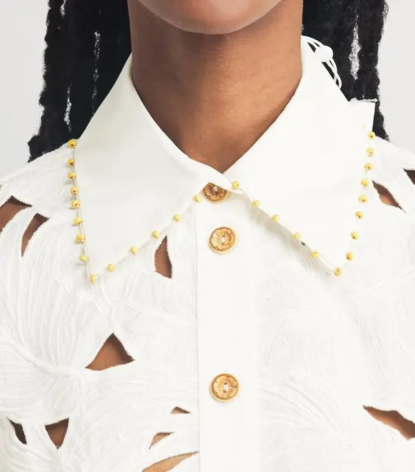 Zimmermann Mahon Cropped Cotton Shirt With Botanical Cut-outs And Floral Buttons - Ivory