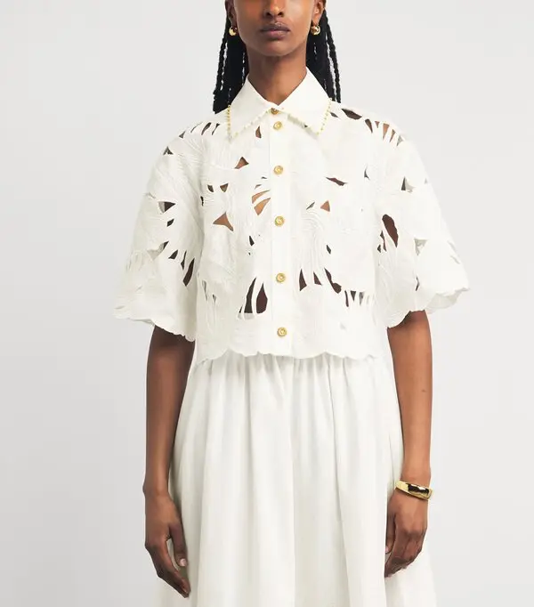 Zimmermann Mahon Cropped Cotton Shirt With Botanical Cut-outs And Floral Buttons - Ivory