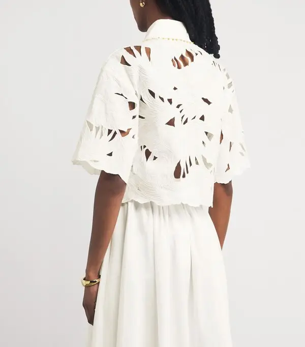 Zimmermann Mahon Cropped Cotton Shirt With Botanical Cut-outs And Floral Buttons - Ivory