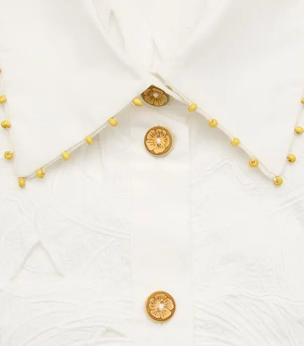 Zimmermann Mahon Cropped Cotton Shirt With Botanical Cut-outs And Floral Buttons - Ivory