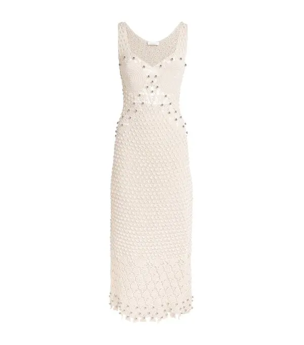 Rabanne Cotton Crocheted Midi Dress With Metallic Pearl Embellishments - Ivory