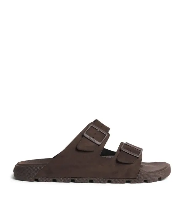 BOSS Faux Suede Buckled Slides - Brown
