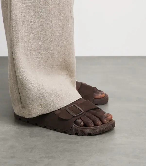 BOSS Faux Suede Buckled Slides - Brown