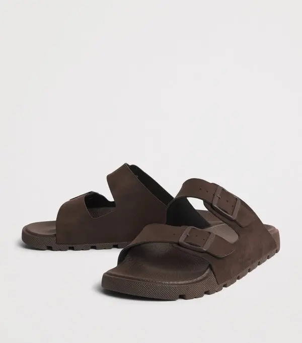 BOSS Faux Suede Buckled Slides - Brown