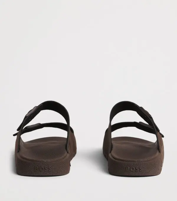 BOSS Faux Suede Buckled Slides - Brown
