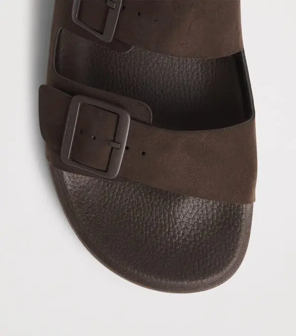 BOSS Faux Suede Buckled Slides - Brown