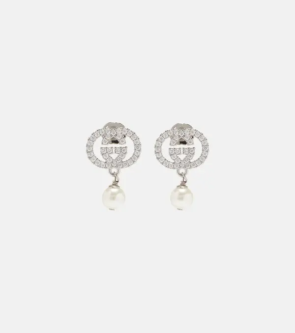 Gucci Interlocking G Embellished Drop Earrings - Silver