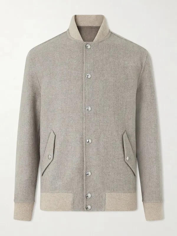 Eleventy Wool And Cashmere-blend Herringbone Bomber Jacket