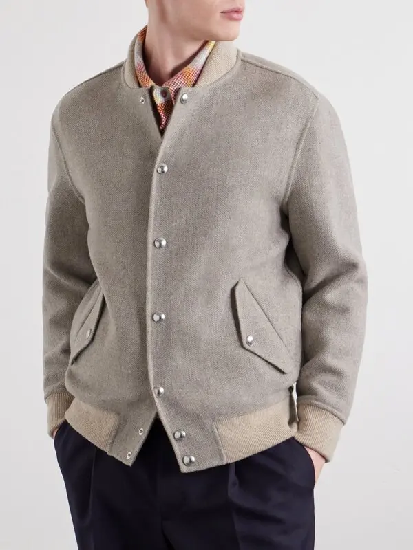 Eleventy Wool And Cashmere-blend Herringbone Bomber Jacket