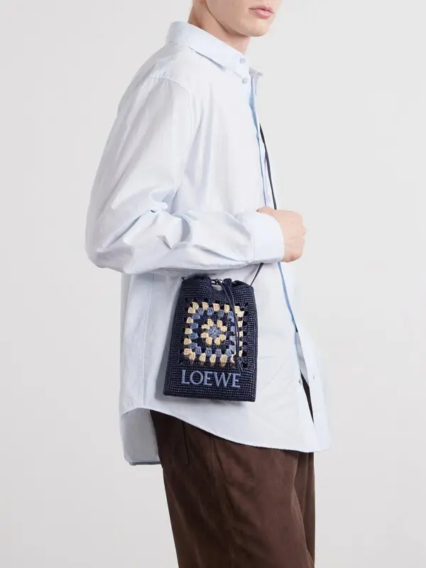 Loewe Crocheted Raffia Bucket Bag With Embroidered Logo - Blue