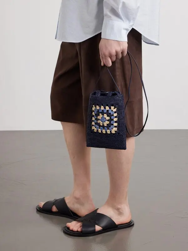 Loewe Crocheted Raffia Bucket Bag With Embroidered Logo - Blue