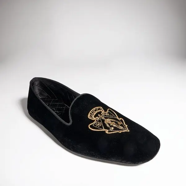 Gucci Velvet Loafers With Crest Embroidery