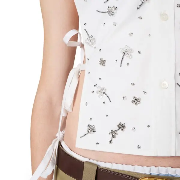 Miu Miu Embroidered Sleeveless Poplin And Chino Shirt With Ties