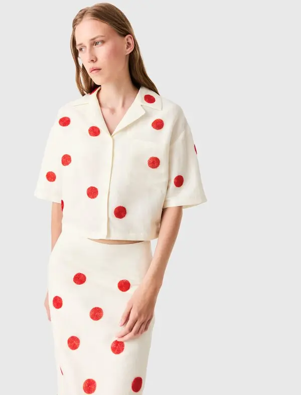 Maje Embroidered Linen And Silk Blend Cropped Shirt