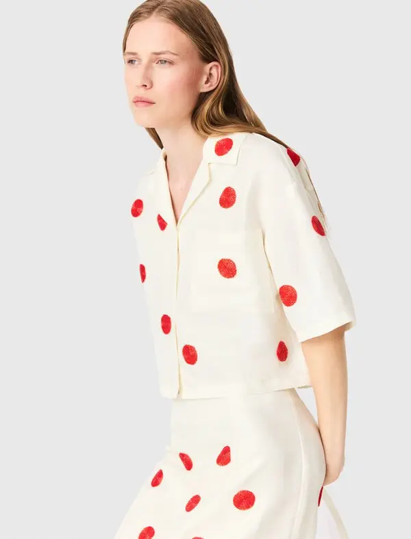 Maje Embroidered Linen And Silk Blend Cropped Shirt
