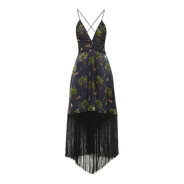 ASHAKI Shanti Tiger Backless Fringe Midi Dress - Black