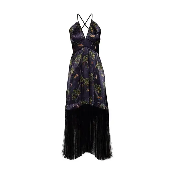 ASHAKI Shanti Tiger Backless Fringe Midi Dress - Black