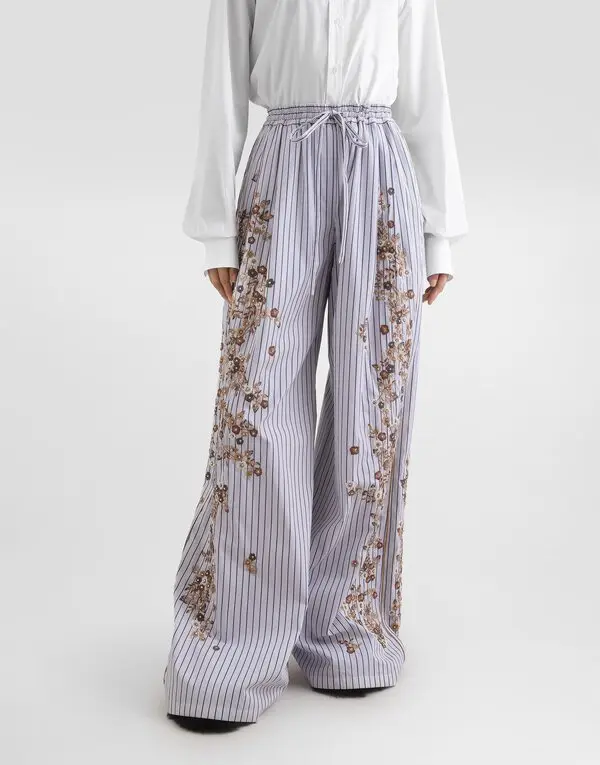 Dolce & Gabbana Striped Poplin Trousers With Flower Embroidery