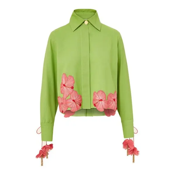ASHAKI Oversized Linen Blend Shirt With Floral Appliqué And Tassel Cuffs