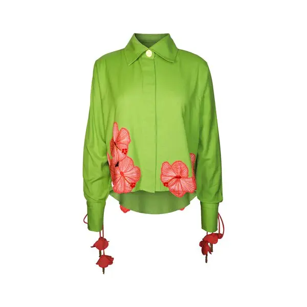 ASHAKI Oversized Linen Blend Shirt With Floral Appliqué And Tassel Cuffs - Green