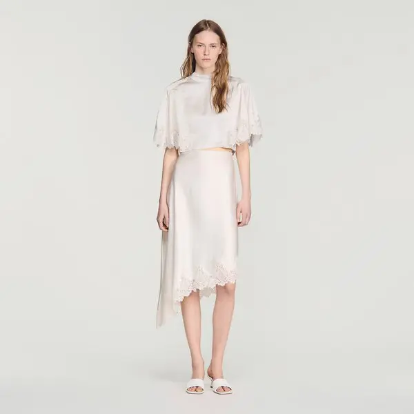 Sandro Asymmetrical Lace-trimmed Satin Midi Skirt - Ecru