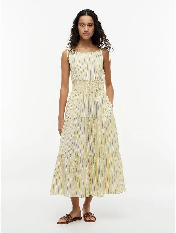 Tommy Hilfiger Tiered Seersucker Midi Dress Yellow - Stripe Citronella