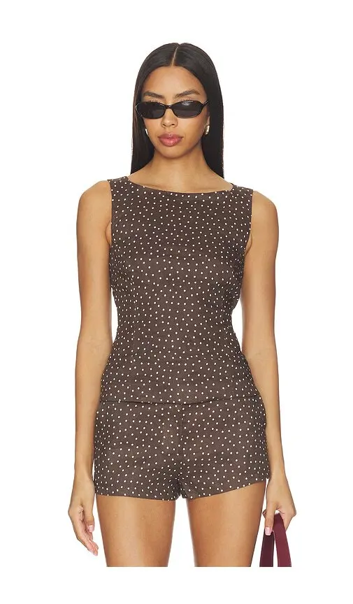 AEXAE X Linen Boatneck Top In Brown - Brown & White Polka Dot