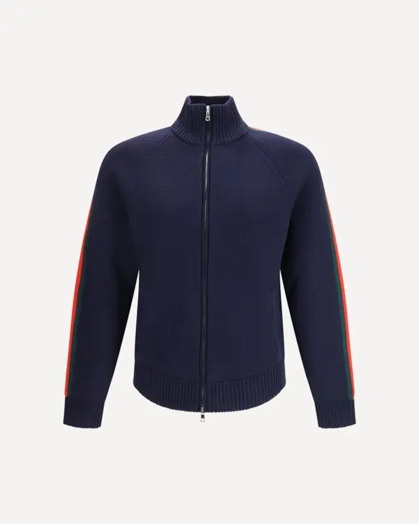 Gucci Zip-up Knitted Jacket With Web Trims - Blue