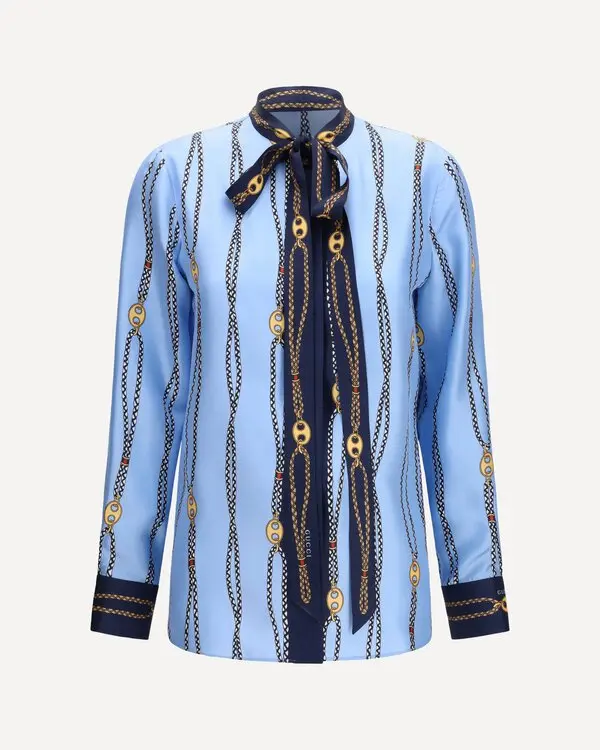 Gucci Silk Printed Shirt With Neck Tie - Light Blue