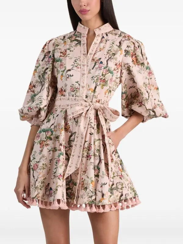 Alice + Olivia Lucy Mini Shirtdress With Floral Print And Tassel Trim
