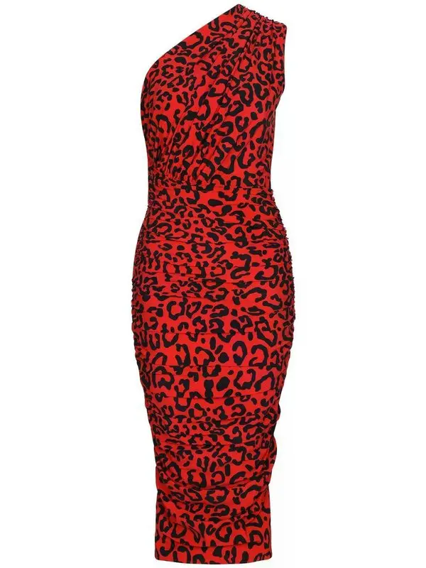 Dolce & Gabbana One-shoulder Ruched Leopard Print Dress