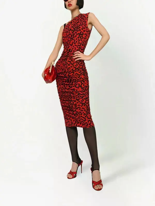 Dolce & Gabbana One-shoulder Ruched Leopard Print Dress