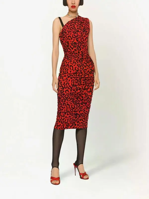 Dolce & Gabbana One-shoulder Ruched Leopard Print Dress